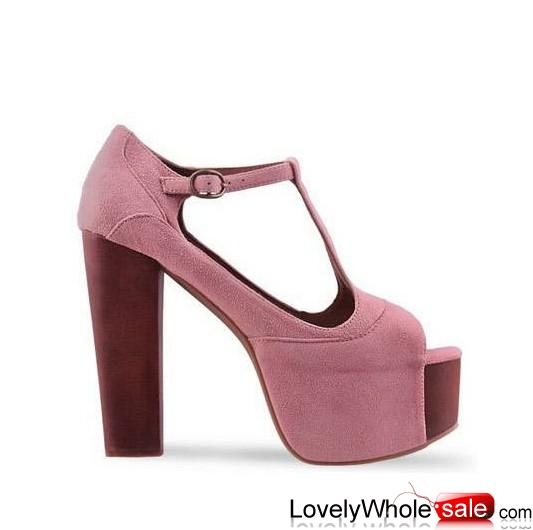 Fashion T Strap Chunky High Heels Platform Pink PU Sandals