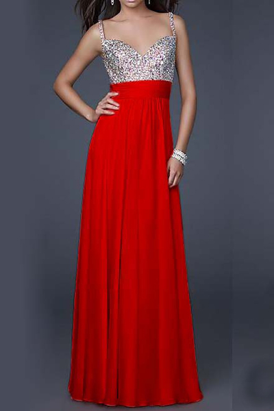 Sexy V Neck Spaghetti Strap Sleeveless Paillettes Decorated Red Chiffon