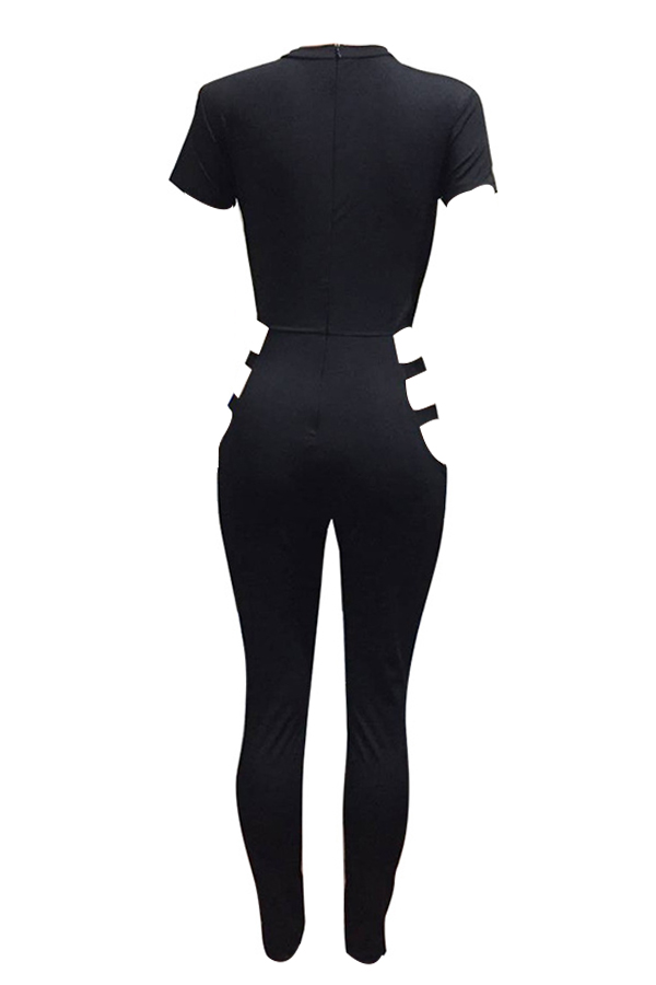 Lovely Sexy Round Neck Hollow Out Black Polyester One Piece Jumpsuits