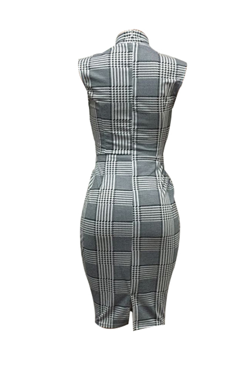 Fashion U Neck Houndstooth Design Black Polyester Knee Length Dress