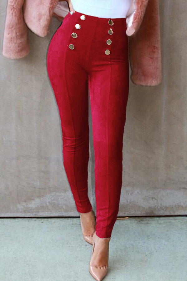 Lovely Euramerican Buttons Decorative Skinny Wine Red Pants Sale ...