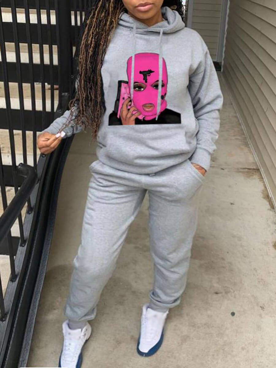 LW Hooded Collar Masked Face Print Tracksuit Set Sale | LovelyWholesale