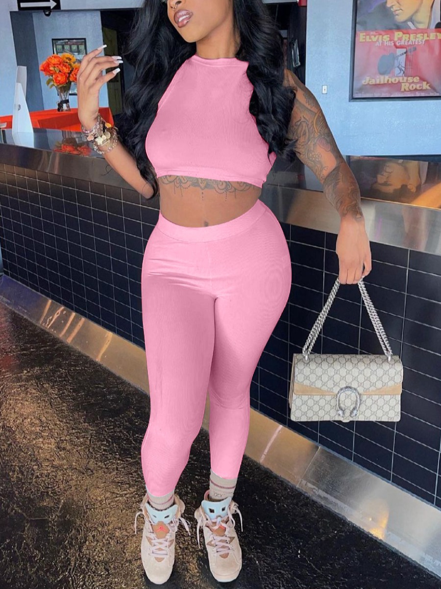 Lw Round Neck Crop Top Pants Set Sale Lovelywholesale