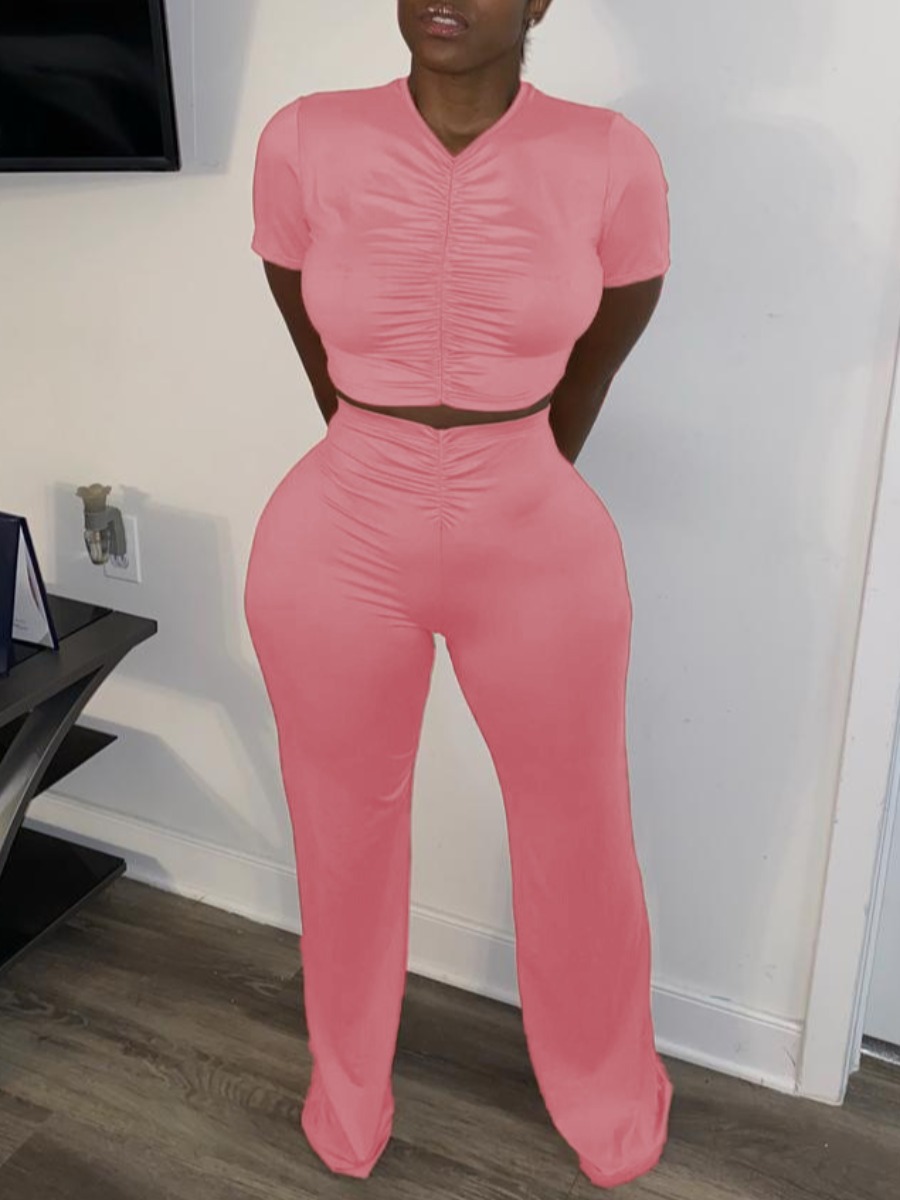 Lw Ruched Flared Crop Top Pants Set Sale Lovelywholesale