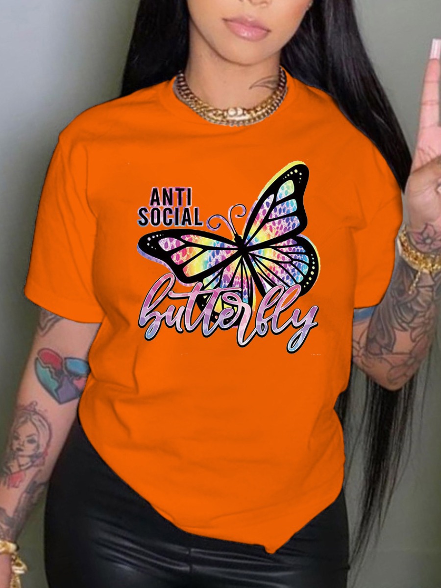 LW Plus Size Butterfly Letter Print T-shirt Sale | LovelyWholesale