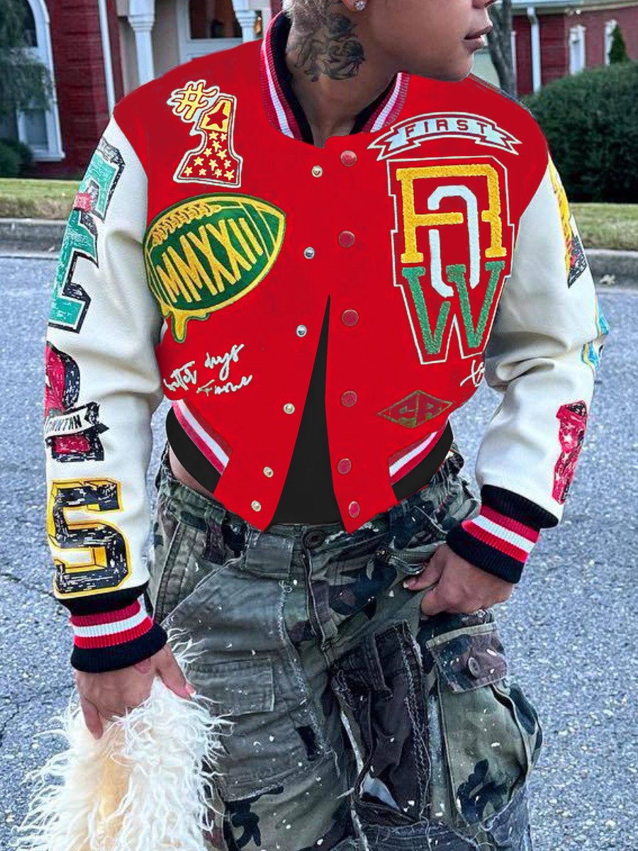 LW COTTON Letter Decor Patchwork Varsity Jacket Sale | LovelyWholesale