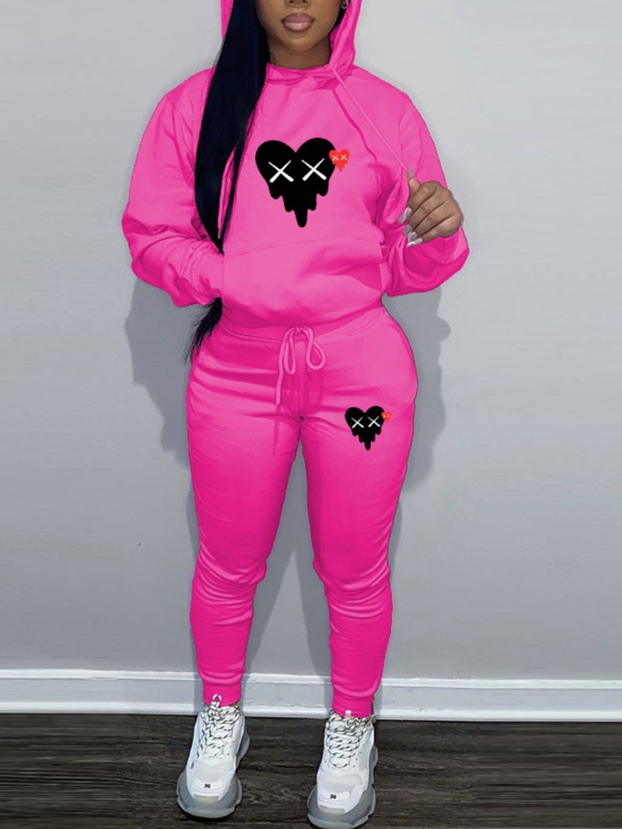 LW Heart Print Kangaroo Pocket Tracksuit Set Sale | LovelyWholesale