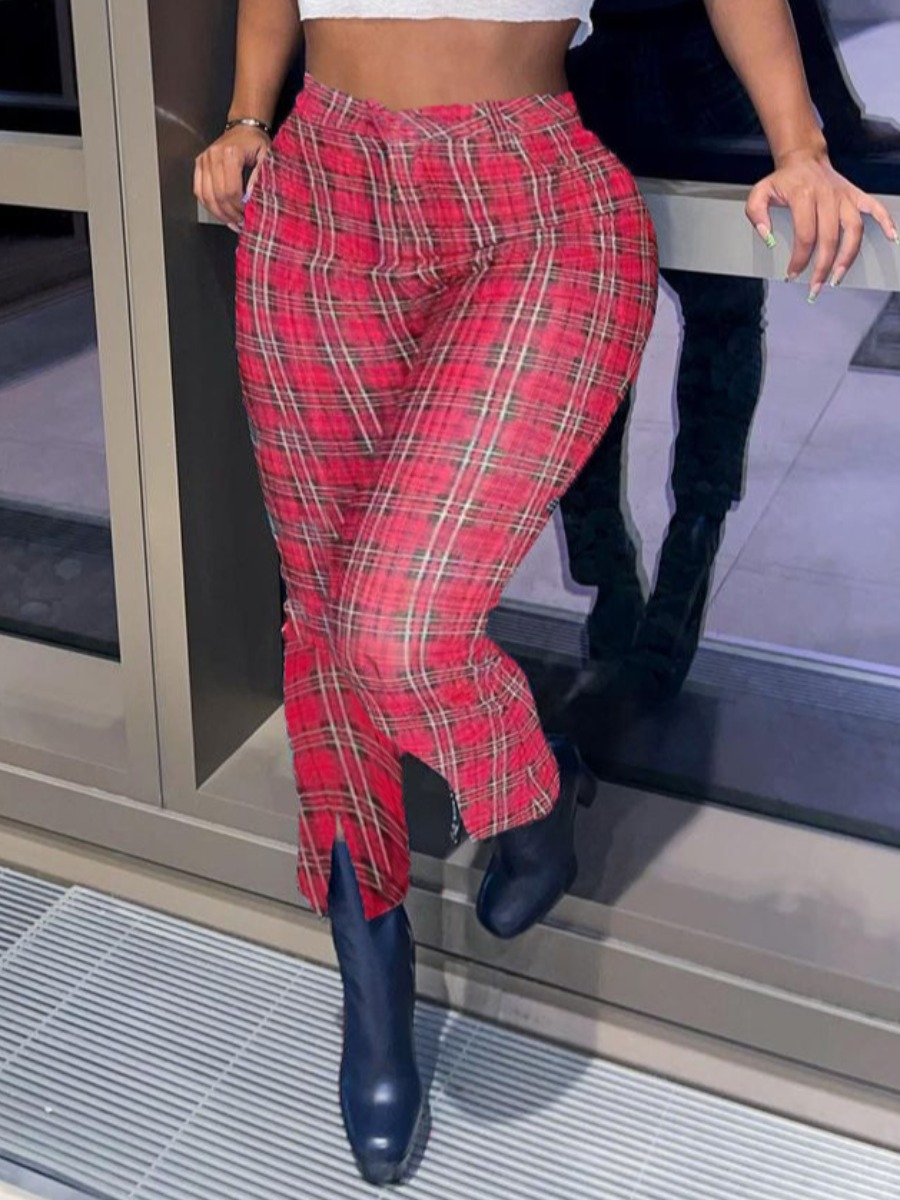 LW Plaid Print Front Split Pants Sale | LovelyWholesale