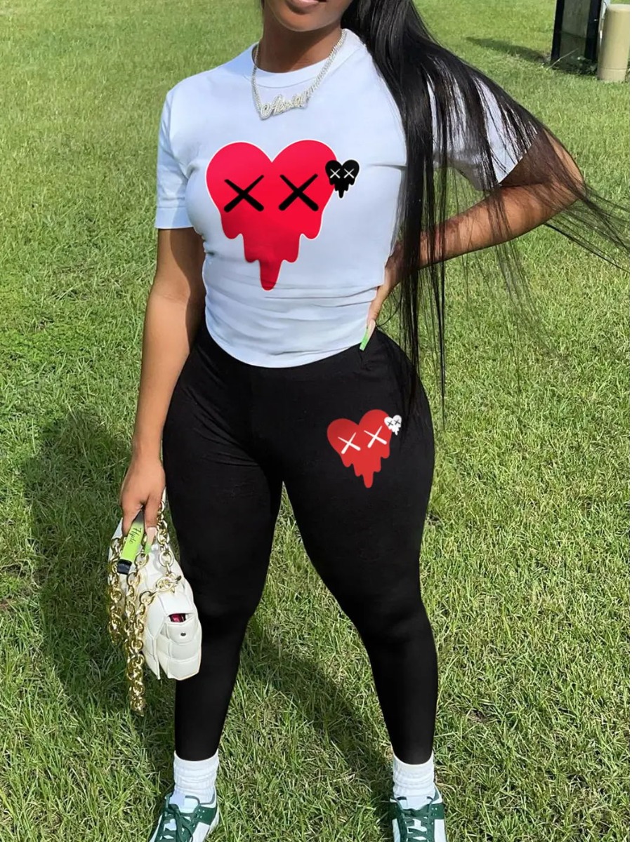 LW Heart Print Stretchy Pants Set Sale | LovelyWholesale