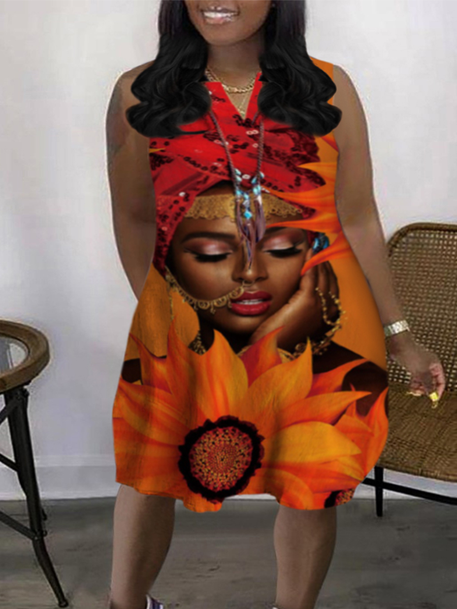 LW Plus Size Sunflower Figure Print Loose Dress Sale | LovelyWholesale