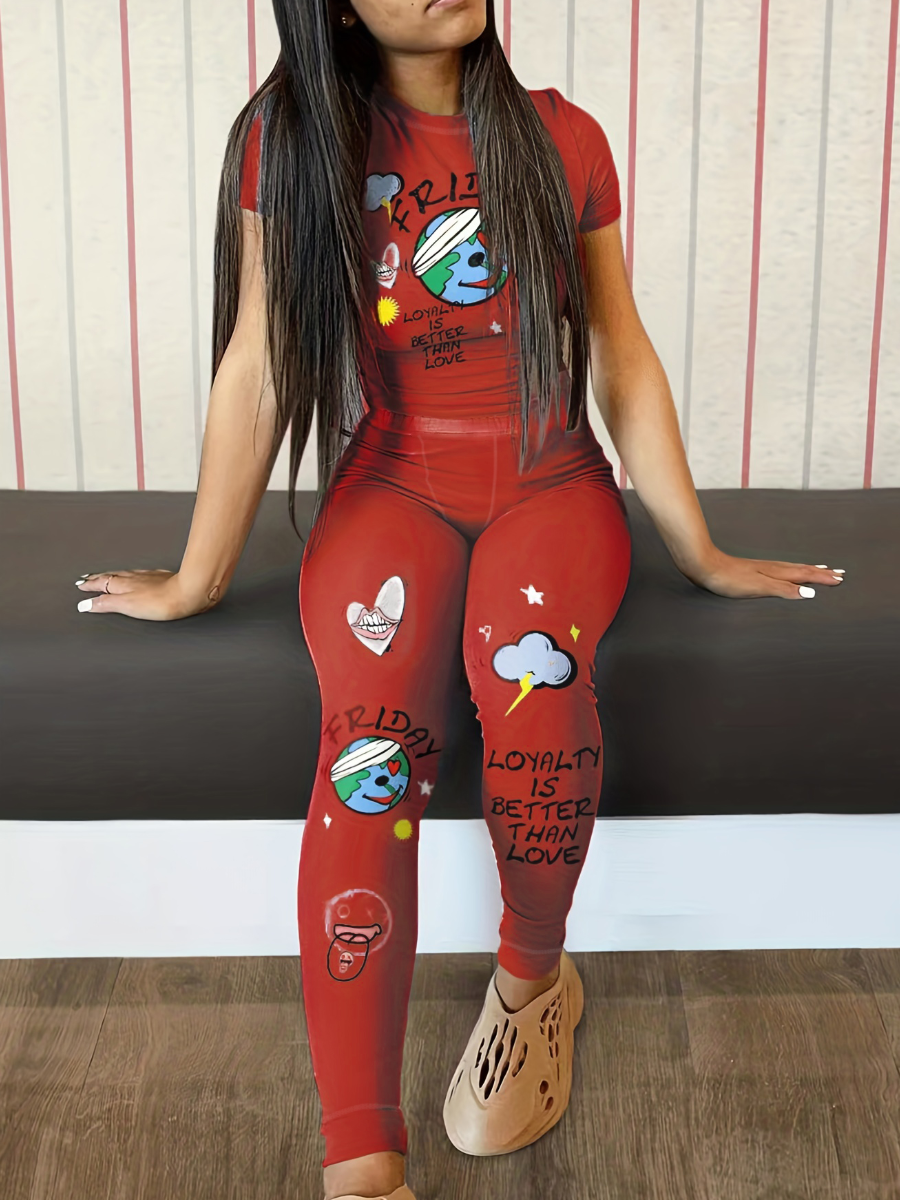 LW Cartoon Loyalty Is Better Than Love Print Pants Set Sale ...