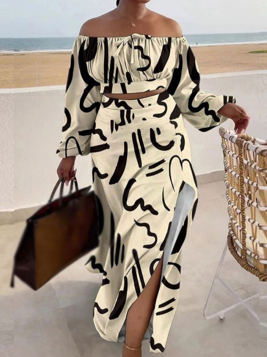 LW Plus Size Off The Shoulder Drawstring Thigh Slit Skirt Set Sale ...