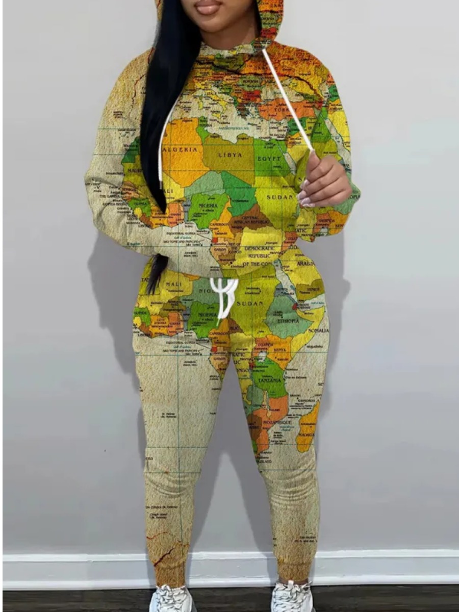 LW World Map Letter Print Kangaroo Pocket Tracksuit Set Sale ...