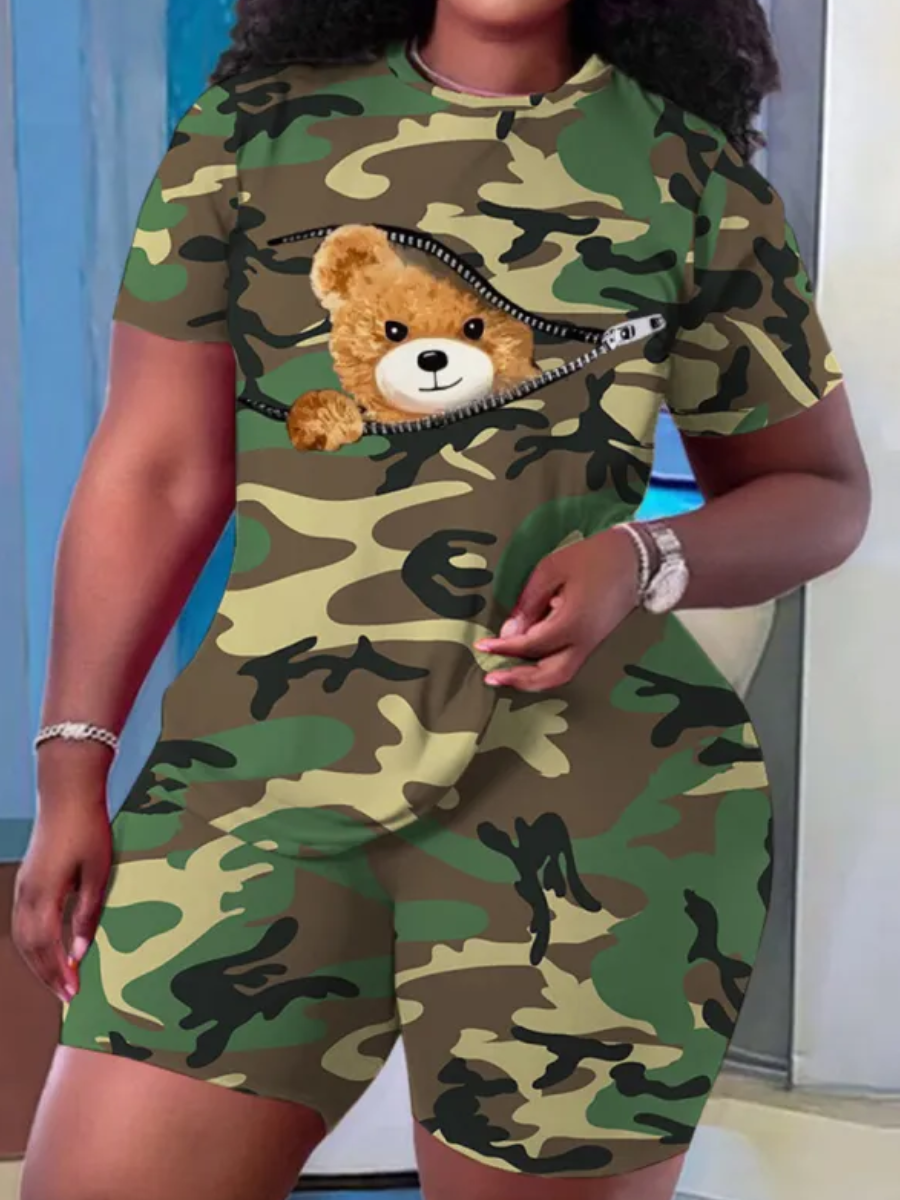 LW Plus Size Camo Teddy Bear Print Shorts Set Sale | LovelyWholesale
